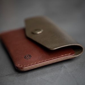 Leather Snap Card Wallet: Olive + Brown - Etsy