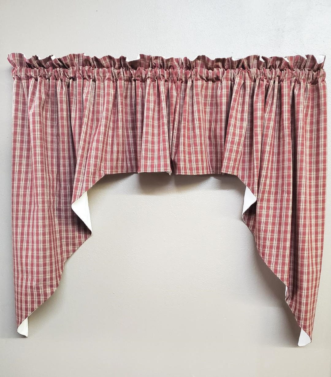 Handmade Primitive Burgundy Plaid Homespun Swags Country Curtains Fully ...