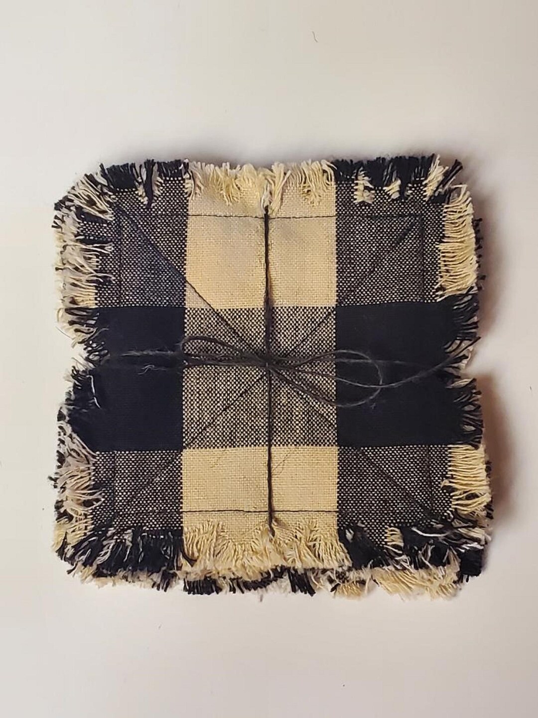 Set of 4 Country Primitive Buffalo Black Check Homespun Fabric Coasters ...
