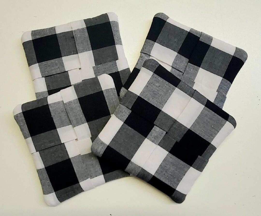 4 Country Primitive Farmhouse Black and White Check Fabric Coasters ...