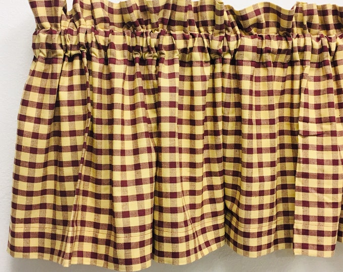 Country Primitive Burgundy Check Homespun Valance Custom Rustic ...