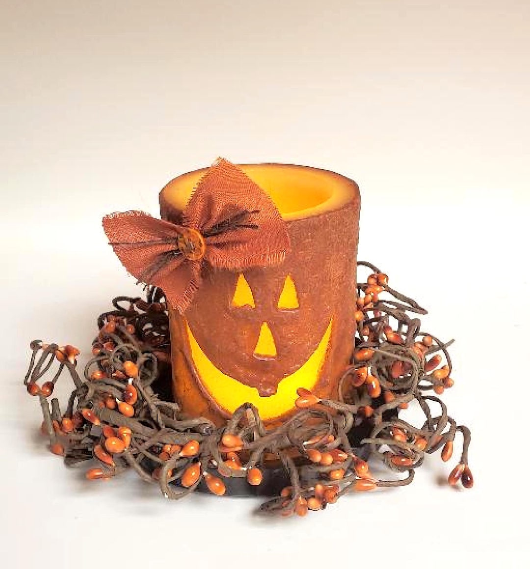 Country Primitive Jack O Lantern Led Pillar Candle W Pip Berries and ...