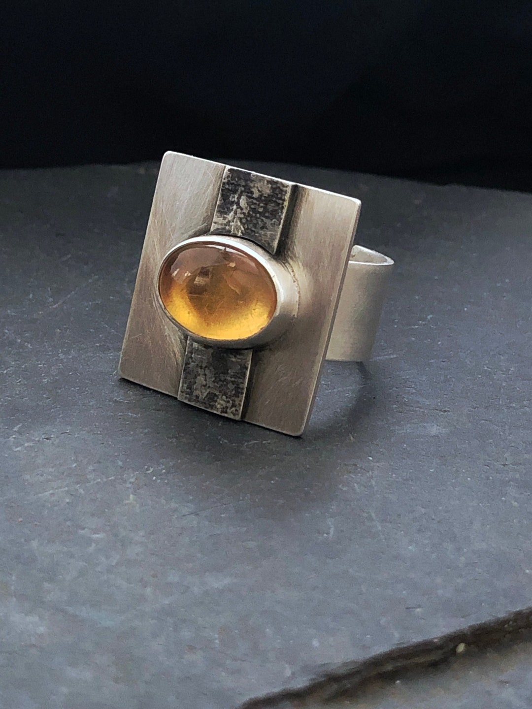Square Sterling Silver Citrine Ring, Adjustable Band - Etsy