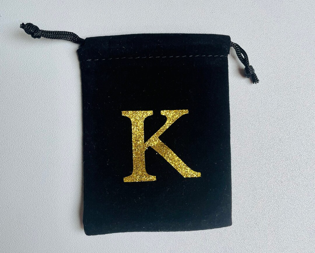 Personalized Black Velvet Drawstring Bag, Glitter Initial Jewelry Pouch ...