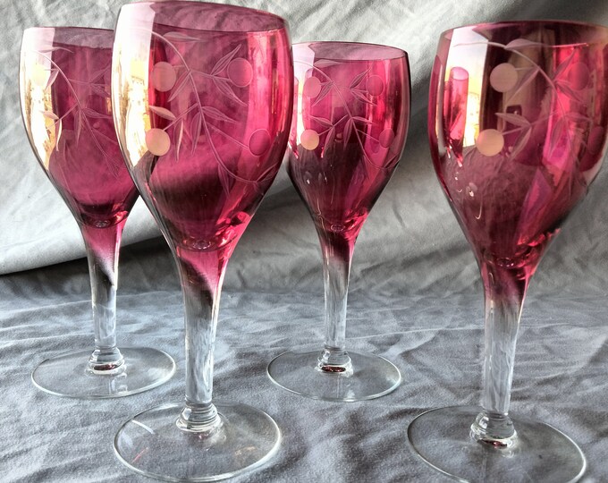 4 Cranberry Cut to Clear Wine Glasses - Etsy