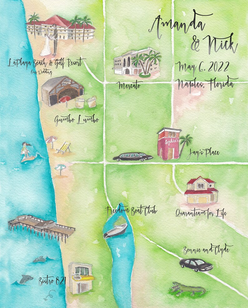 Custom Wedding Map Watercolor Wedding Map Naples Wedding - Etsy