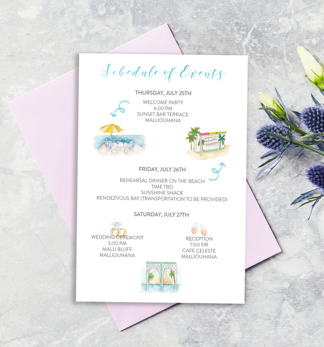 Custom Wedding Schedule- Wedding Itinerary Card- Wedding Events Card ...