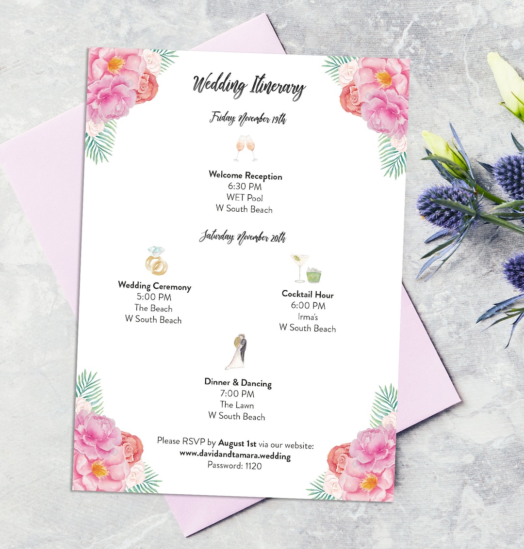 Custom Wedding Itinerary Card Wedding Schedule Card Wedding Events Card ...