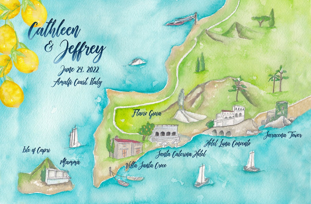 Custom Wedding Map Watercolor Wedding Map Amalfi Coast Wedding Map ...
