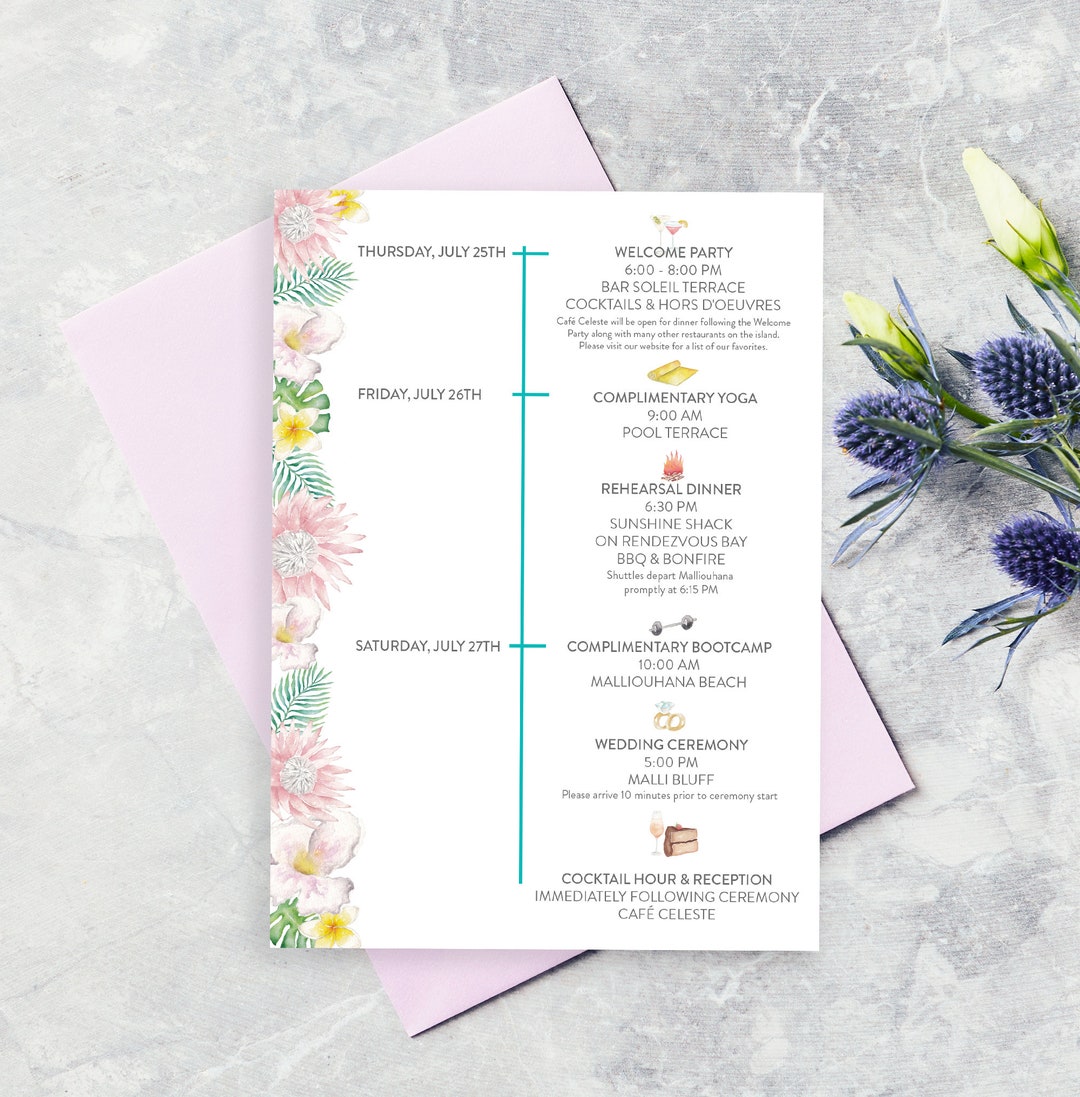 Custom Wedding Schedule- Wedding Itinerary- Wedding Events Card ...