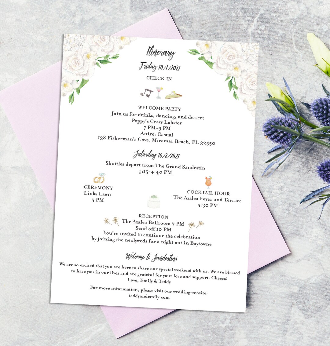 Wedding Itinerary Card- Custom Wedding Schedule Card- Watercolor ...