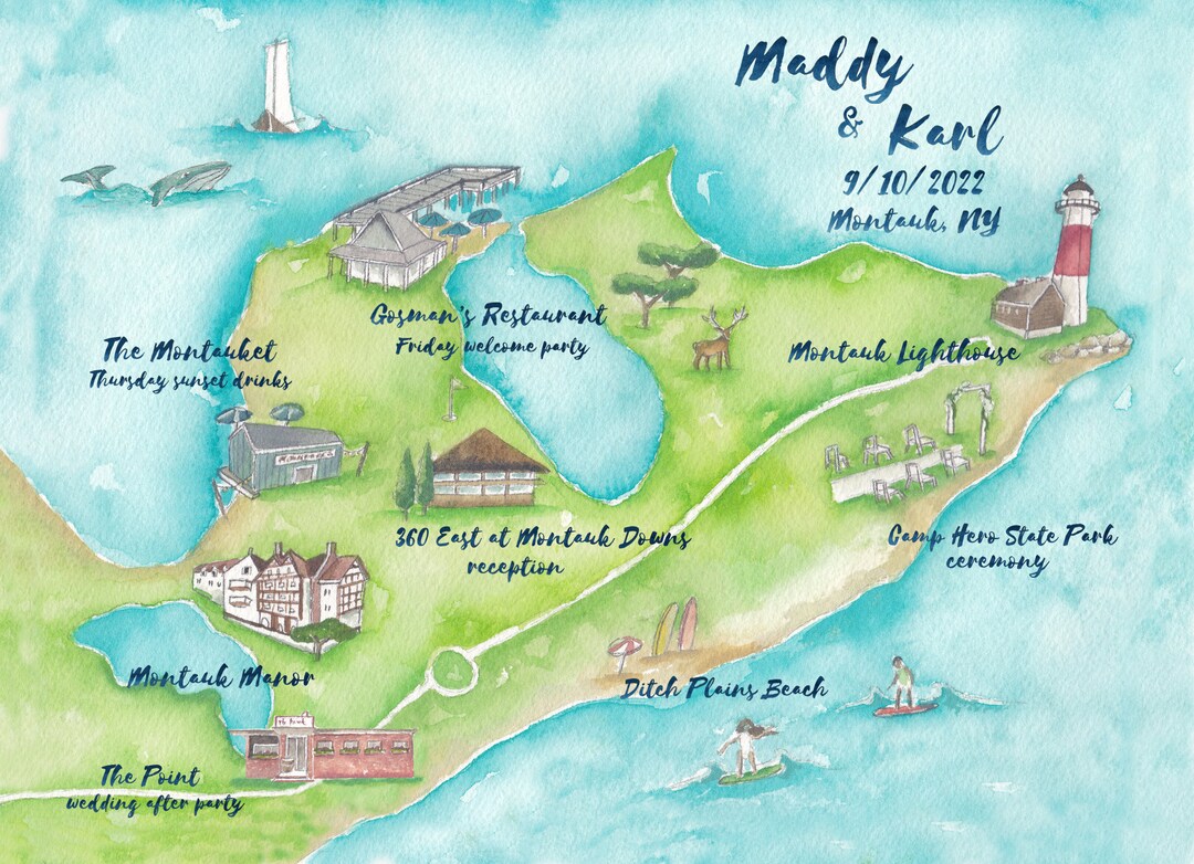 Custom Wedding Map Watercolor Wedding Map Montauk Wedding Map Long ...
