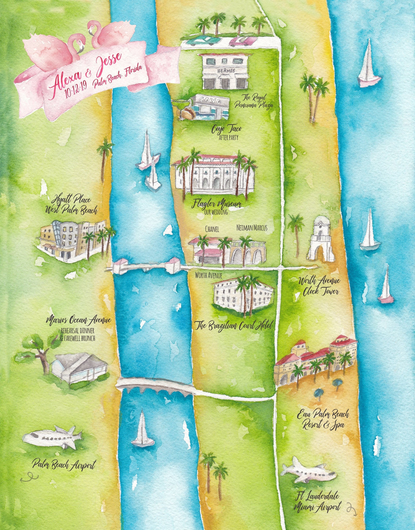 Custom Wedding Map Palm Beach Wedding Map Watercolor - Etsy