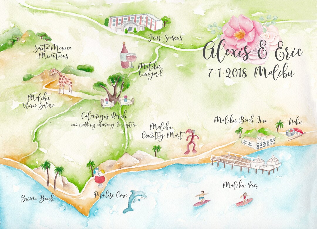 Custom Wedding Map Watercolor Wedding Map Malibu Wedding Map LA Wedding ...