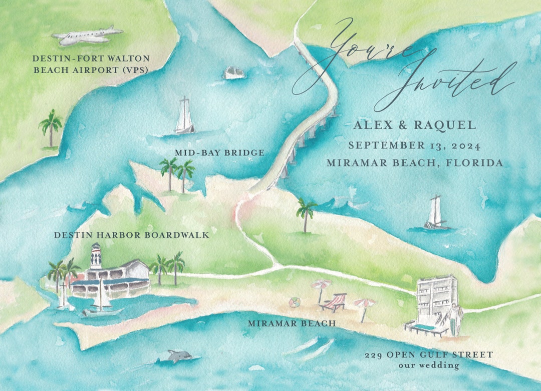 Custom Wedding Map Miramar Beach Wedding Map Watercolor Wedding Map ...