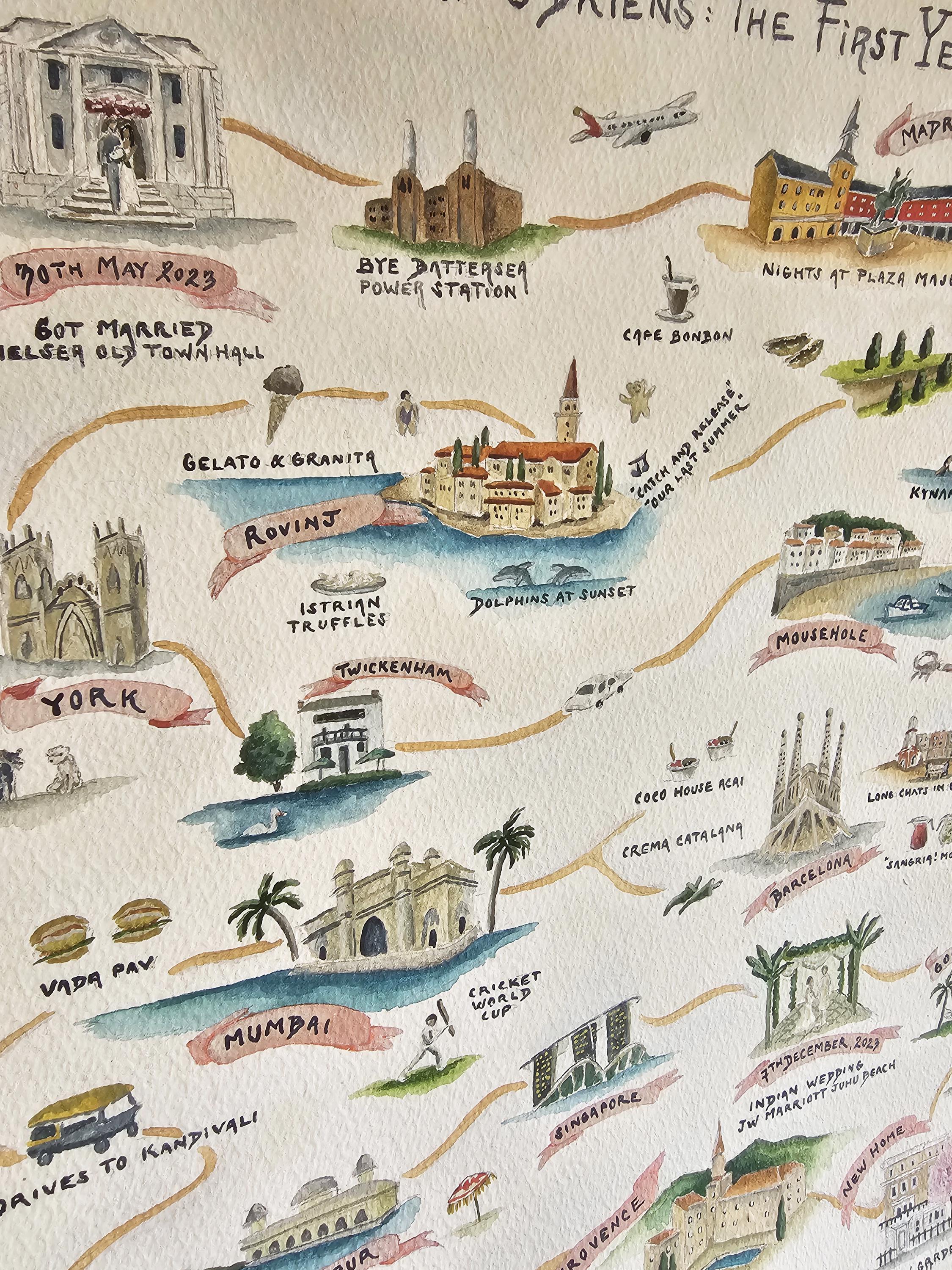 CUSTOM LOVE Story Map- Handpainted Watercolor Map- Anniversary Present ...
