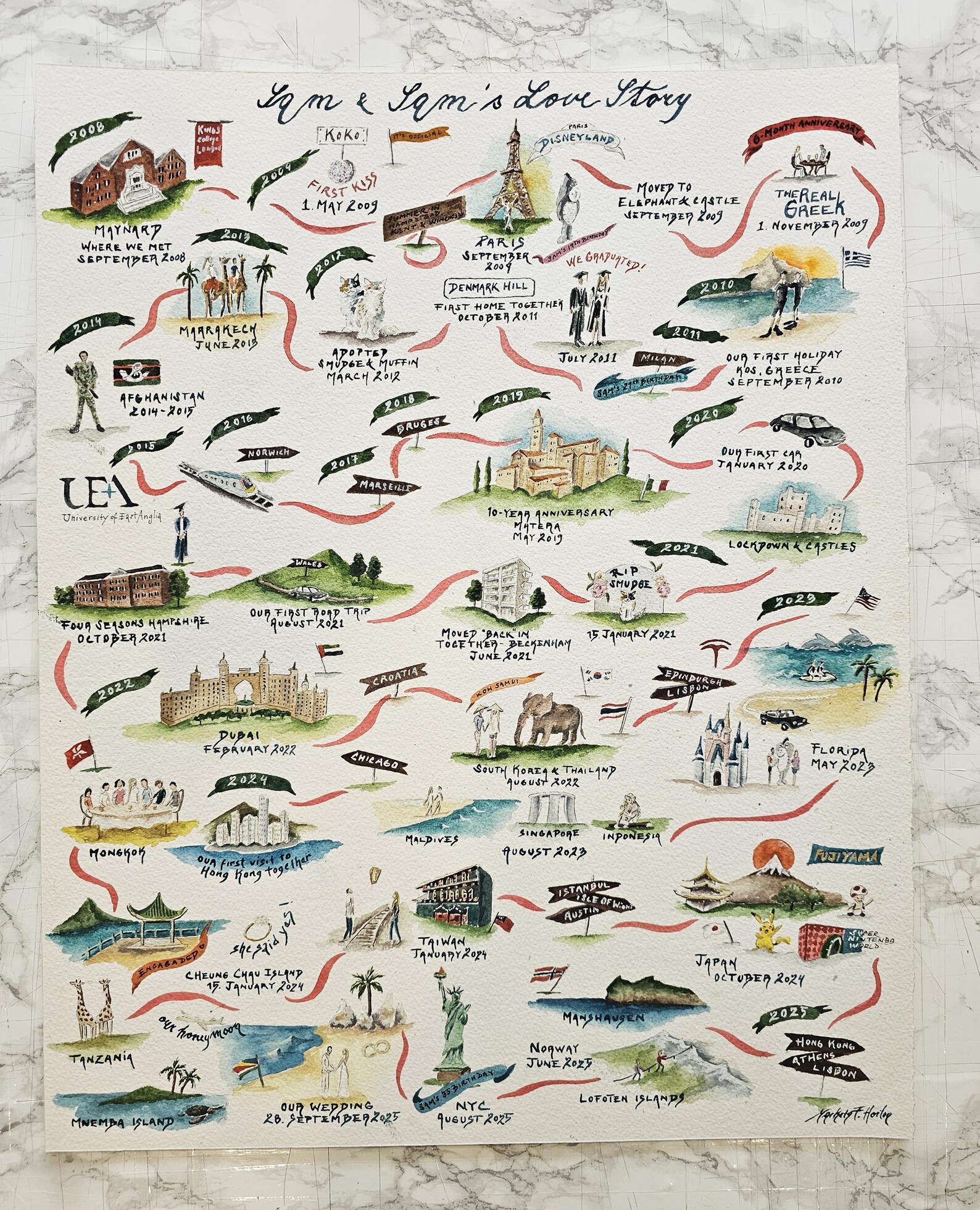 CUSTOM LOVE Story Map- Handpainted Watercolor Map- Anniversary Present ...