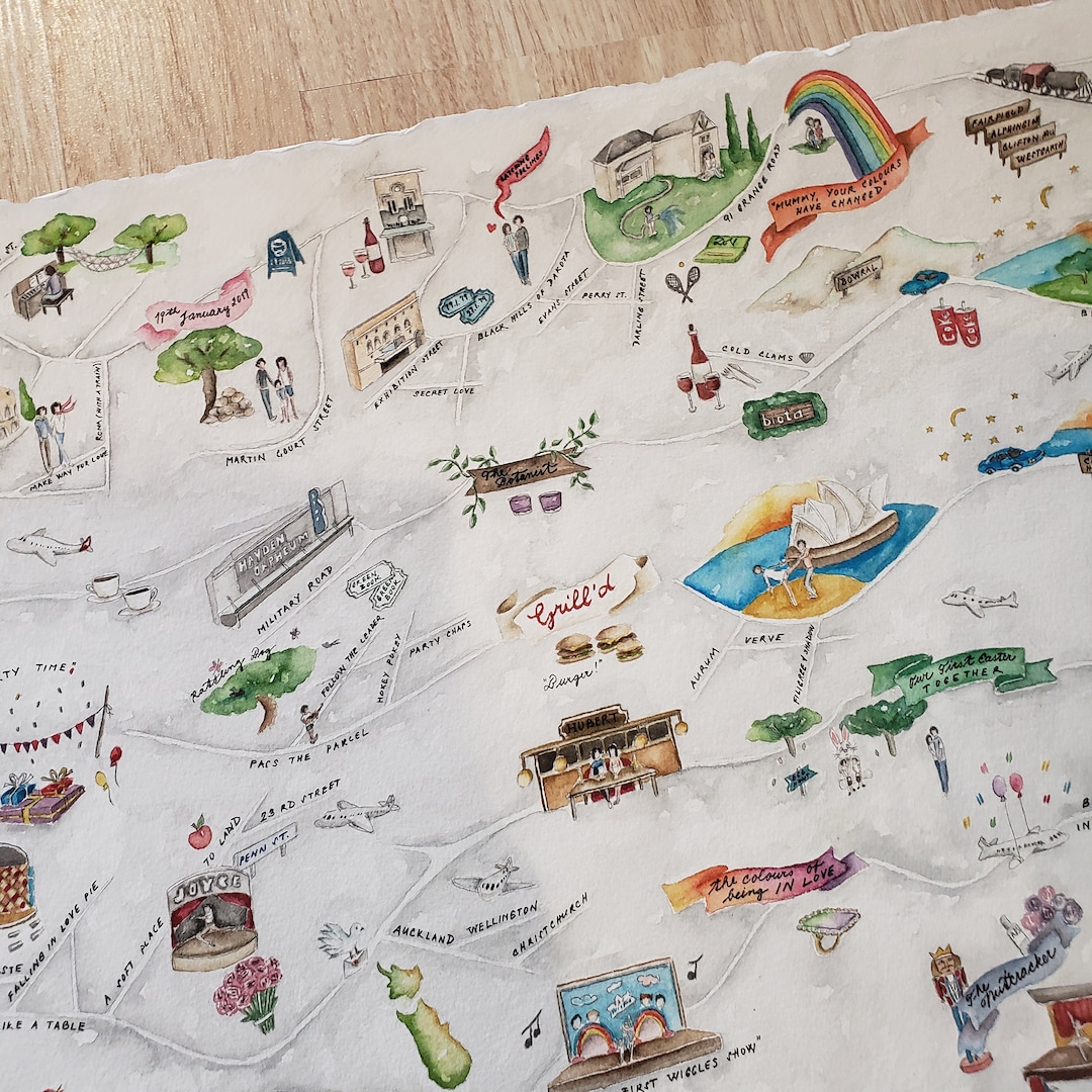 Love Story Map- Custom Anniversary Painting- Handpainted Relationship ...