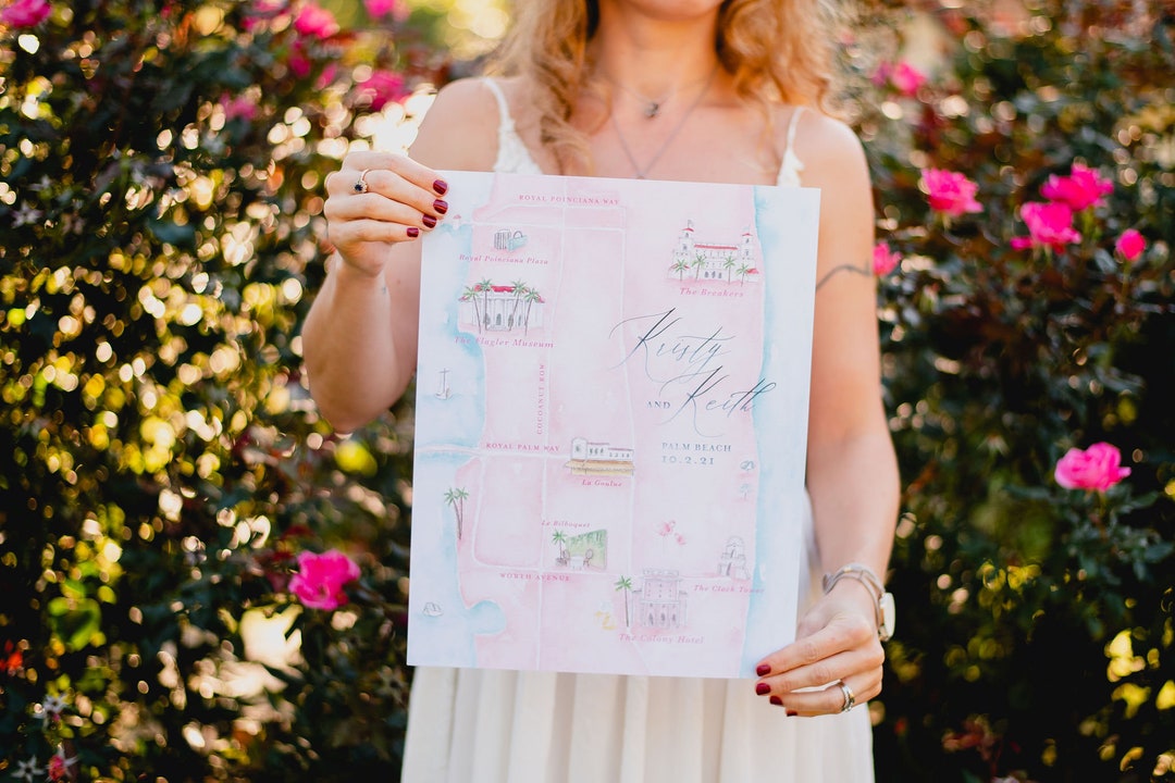 Custom Wedding Map Palm Beach Wedding Map Watercolor Wedding Map ...