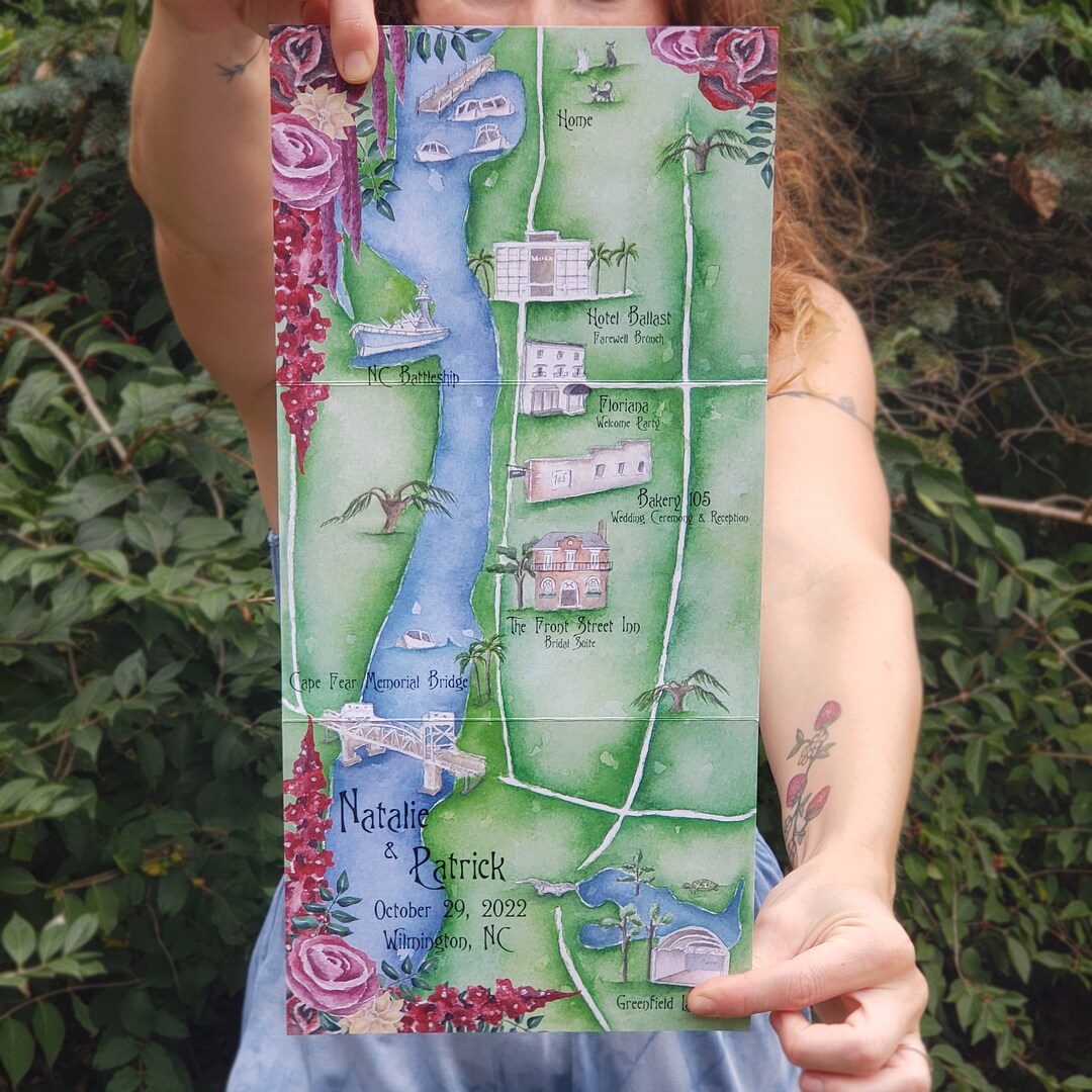 Watercolor Map Wedding Invitations Custom Trifold Map - Etsy