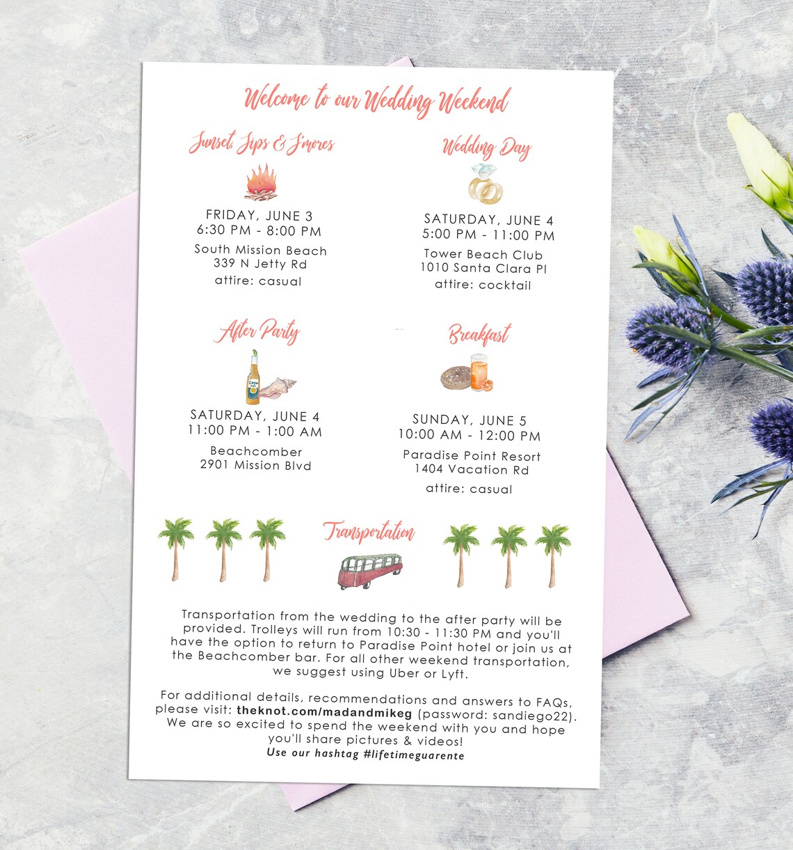 Custom Wedding Schedule- Wedding Itinerary Card- Wedding Events Card ...