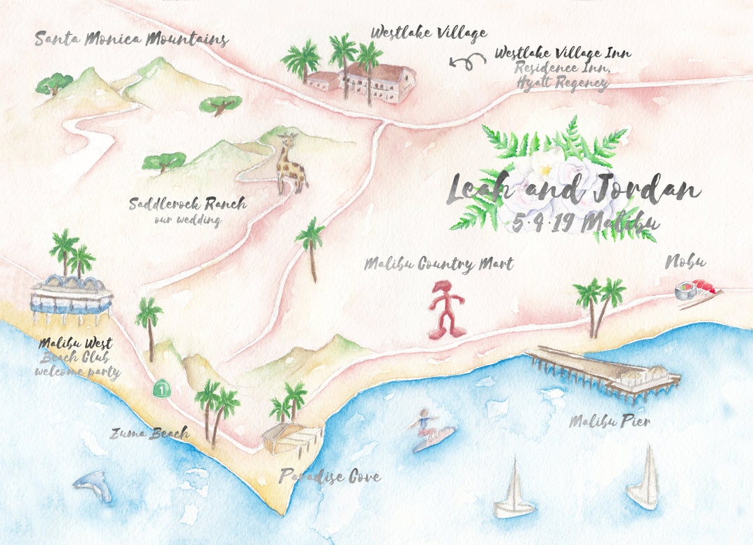 Mapa de boda personalizado Mapa de boda de Malibú Mapa de boda de ...