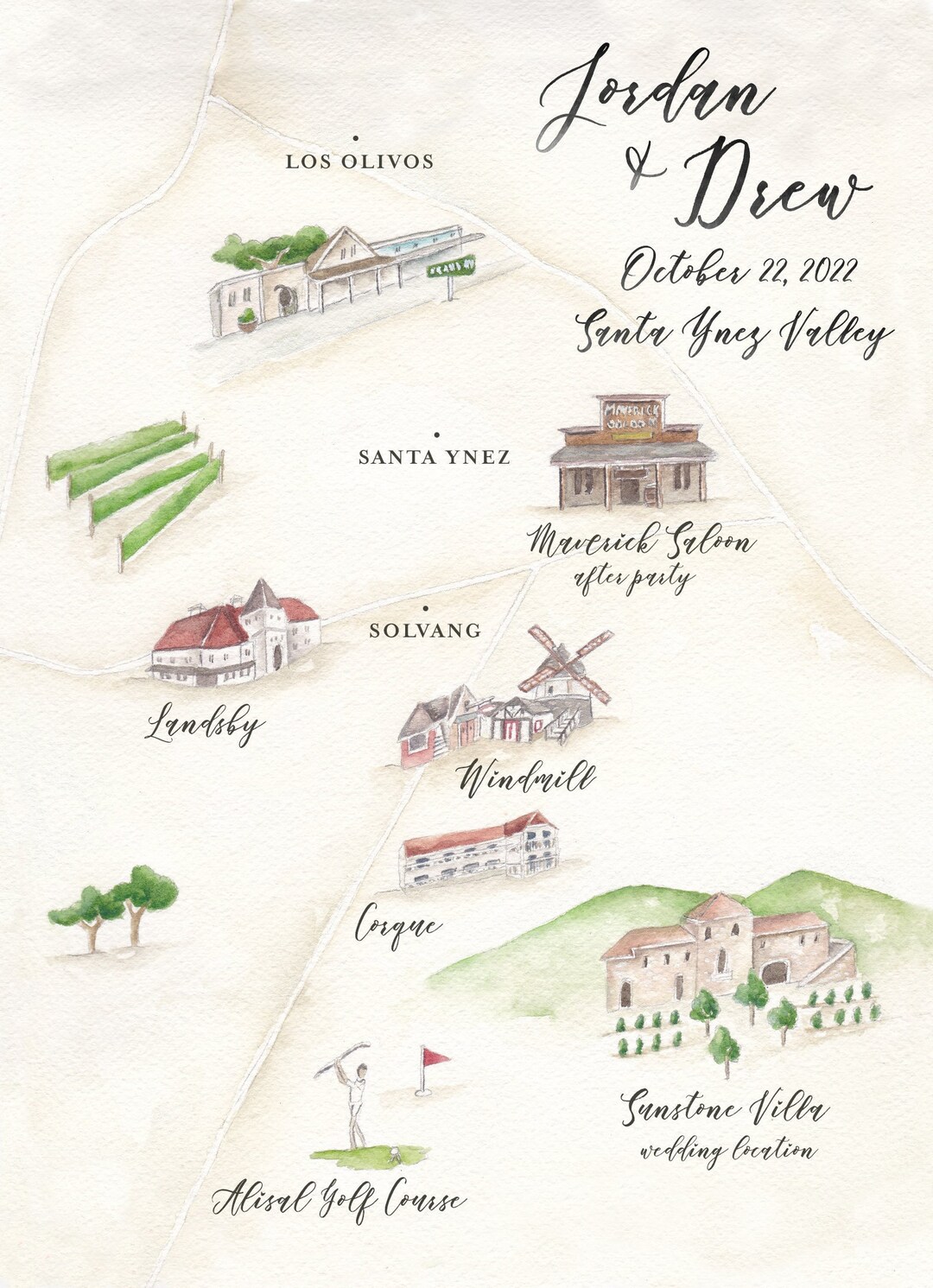 Custom Wedding Map Watercolor Wedding Map Illustrated Wedding Map Santa ...
