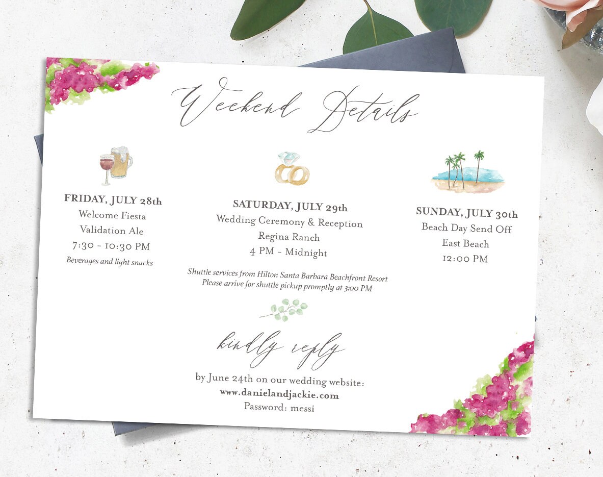 Custom Wedding Itinerary- Wedding Schedule- Wedding Events Card ...