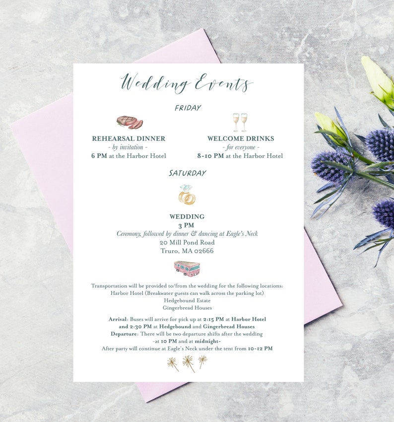 Custom Wedding Schedule- Wedding Itinerary Card- Wedding Events Card ...