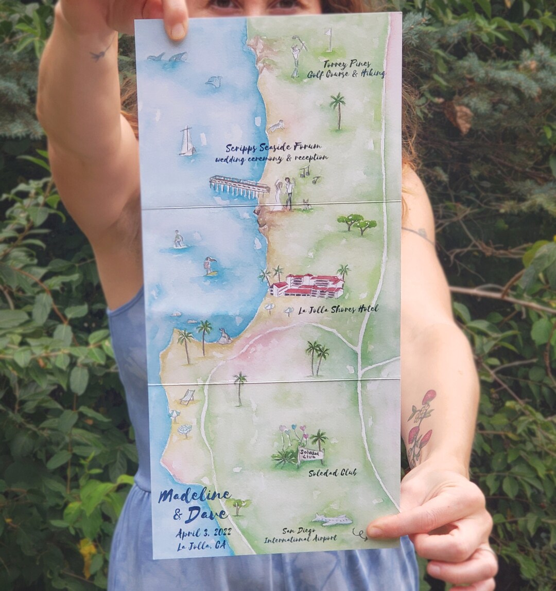 Watercolor Map Wedding Invitations Custom Trifold Map - Etsy