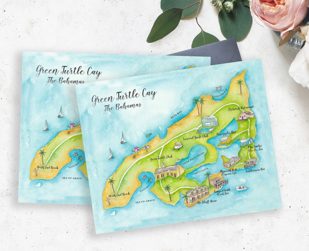 Green Turtle Cay Map Notecards Green Turtle Cay Watercolor Maps Set of ...