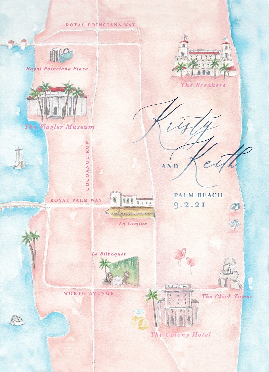 Custom Wedding Map Palm Beach Wedding Map Watercolor - Etsy