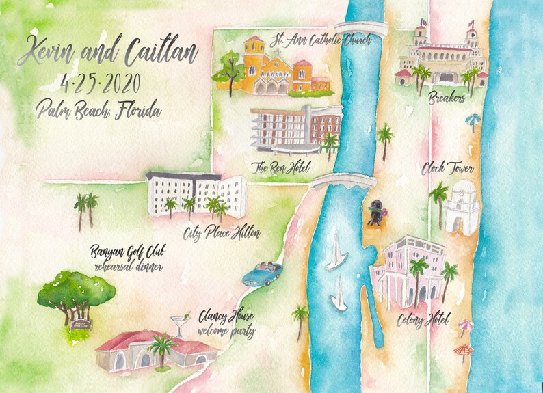 Custom Wedding Map Palm Beach Wedding Map Watercolor Wedding - Etsy