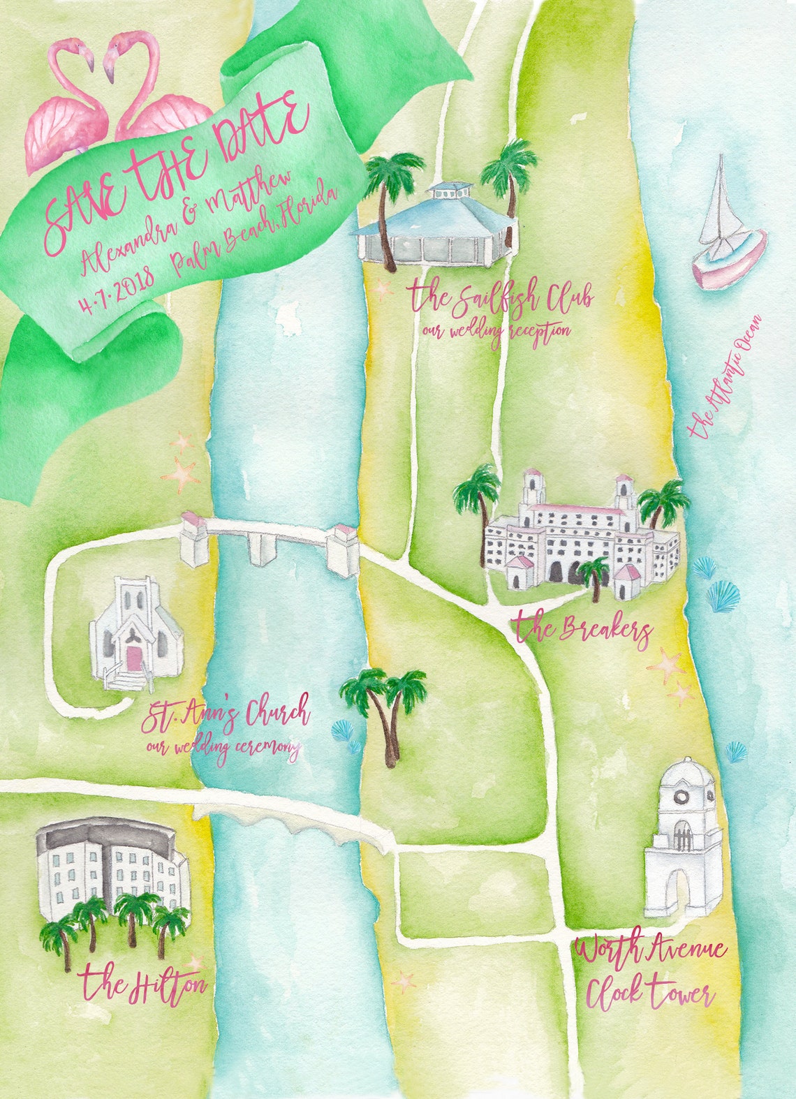 Custom Wedding Map Watercolor Wedding Map Save the Date Palm - Etsy