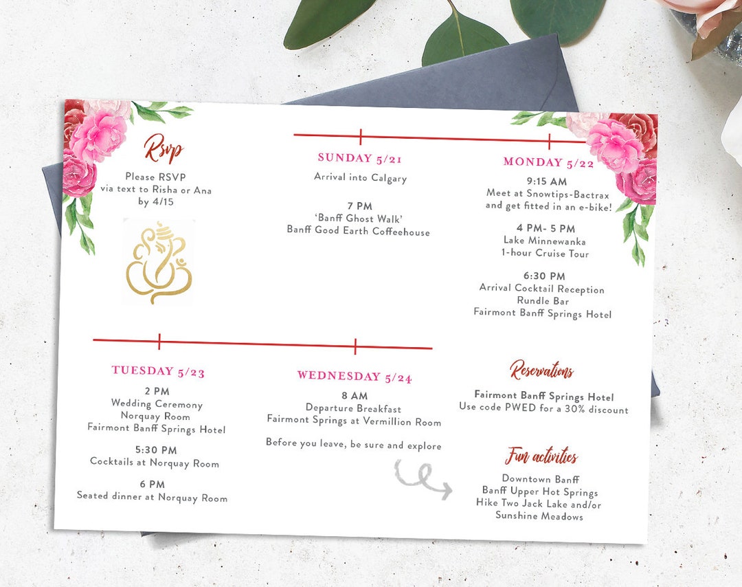 Wedding Itinerary Card- Wedding Schedule Card- Wedding Events Card ...