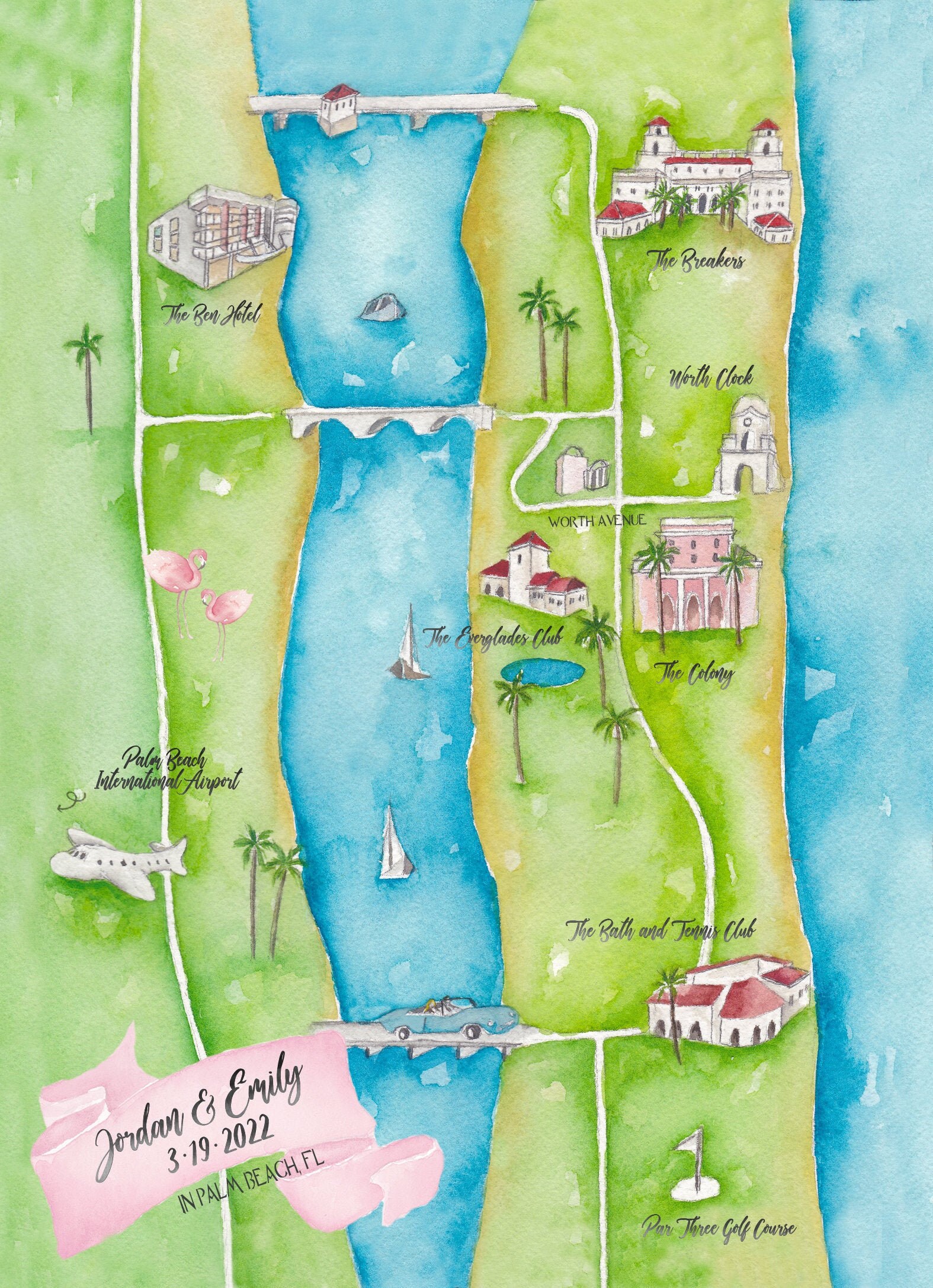 Palm Beach Wedding Map Custom Wedding Map Watercolor Wedding | Etsy