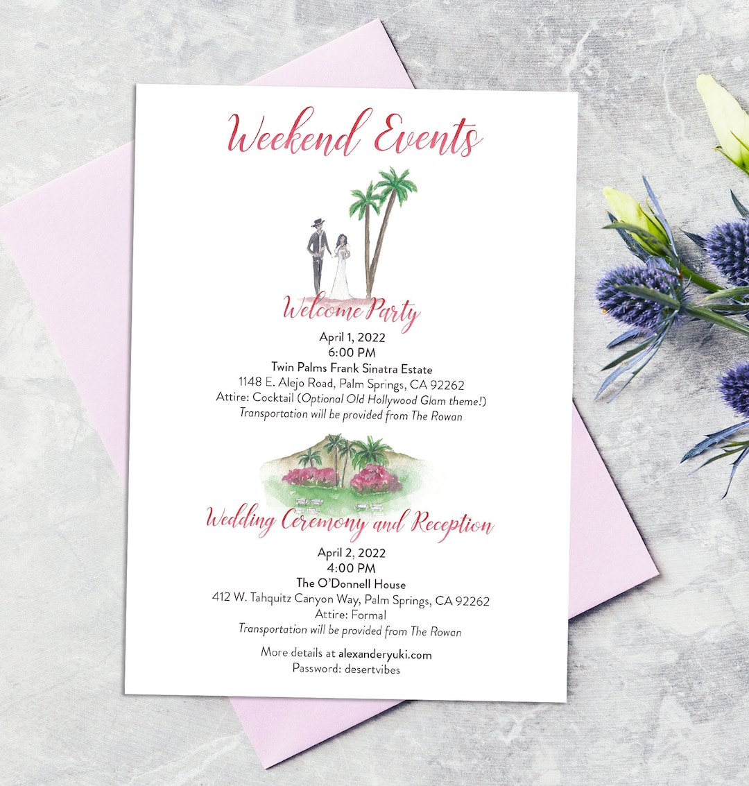 Wedding Events Card Custom Wedding Schedule Watercolor Wedding Card ...