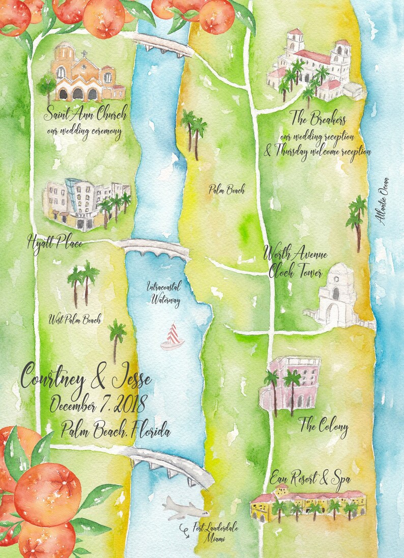 Custom Wedding Map Watercolor Wedding Map Palm Beach Wedding - Etsy