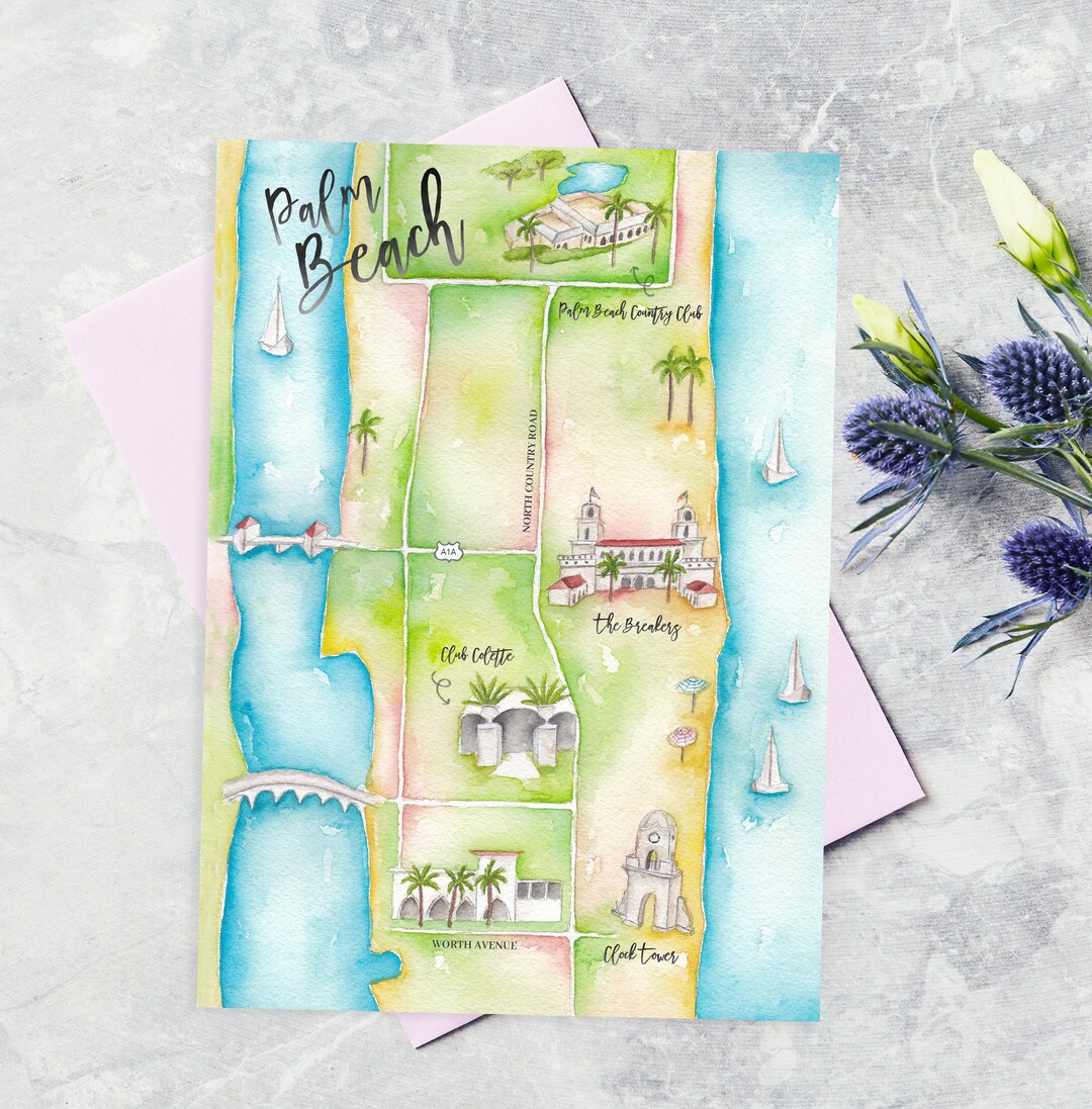 Palm Beach Wedding Map Watercolor Wedding Map Custom Wedding Map ...