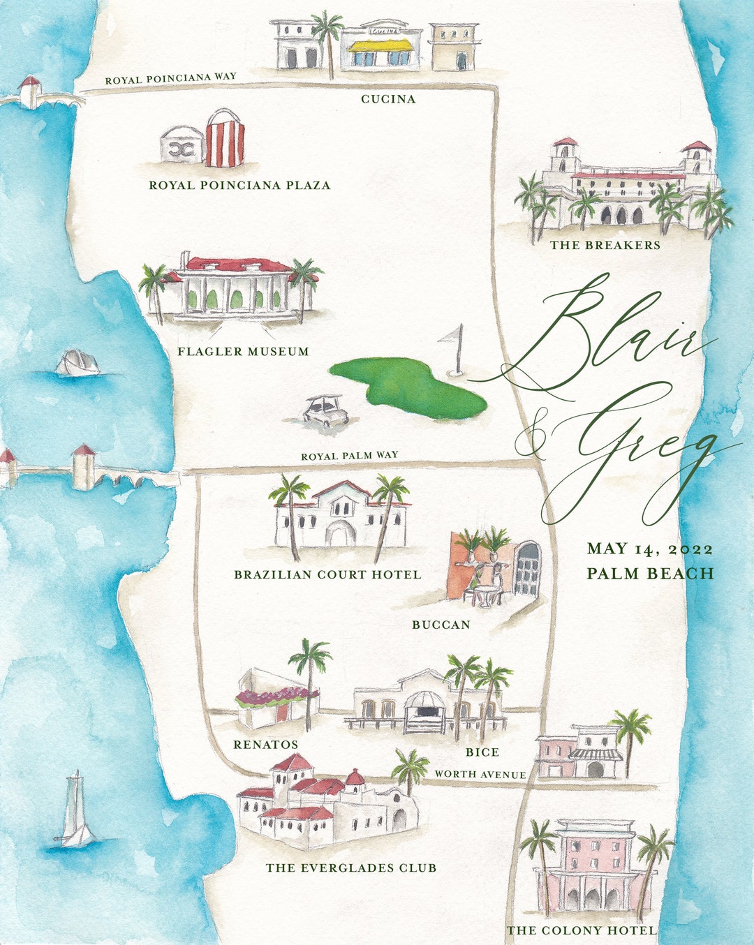 Custom Wedding Map Watercolor Wedding Map Palm Beach Wedding Map - Etsy