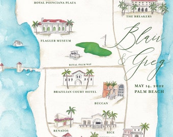 Custom Wedding Map Watercolor Wedding Map Palm Beach Wedding - Etsy