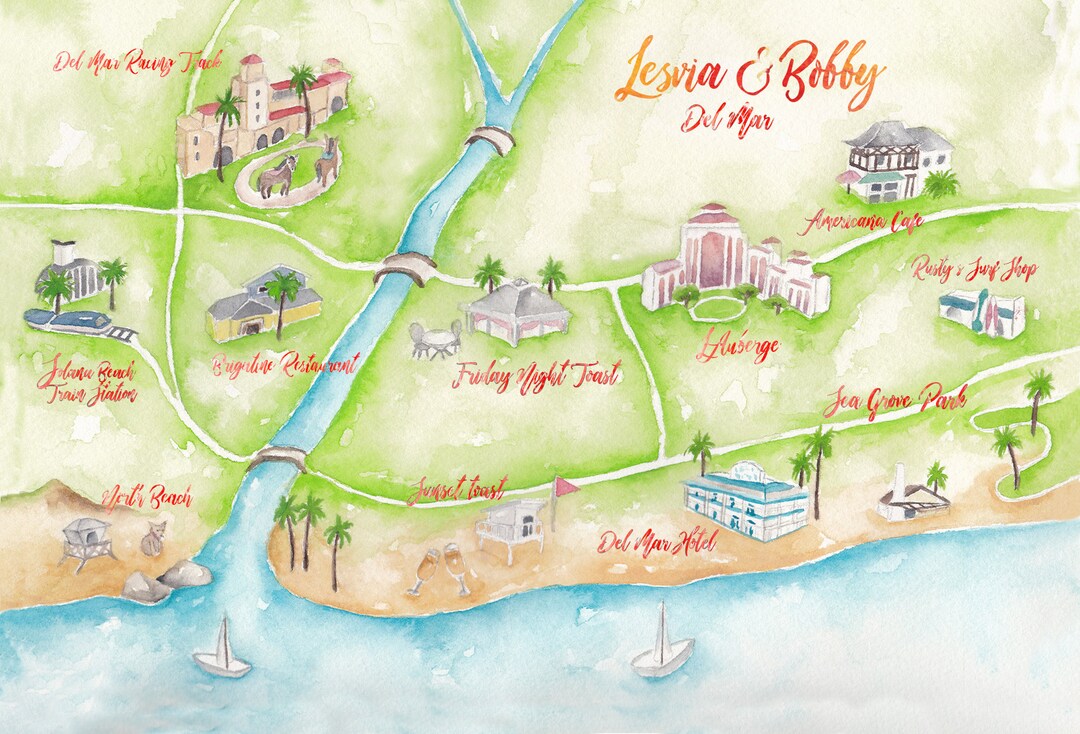 Custom Wedding Map Del Mar Wedding Map Watercolor Wedding Map ...