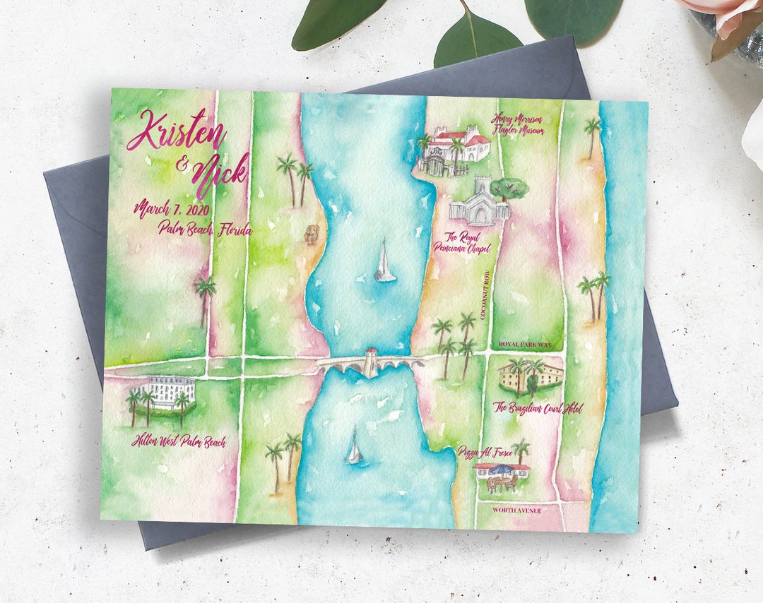 Palm Beach Wedding Map Custom Wedding Map Watercolor Wedding Map ...