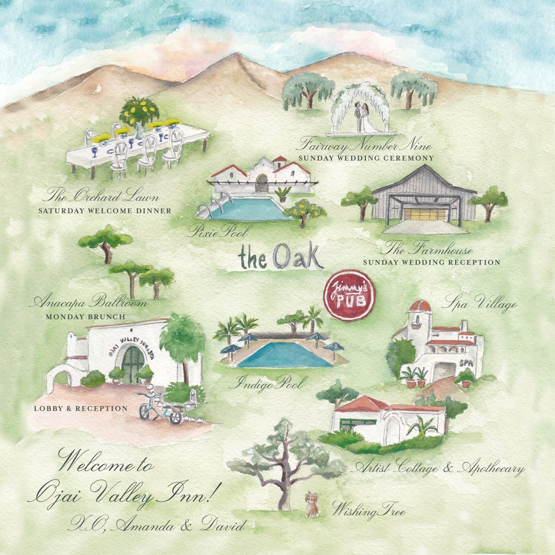 Ojai Wedding Map Custom Wedding Map Ojai Inn Wedding Map Watercolor ...