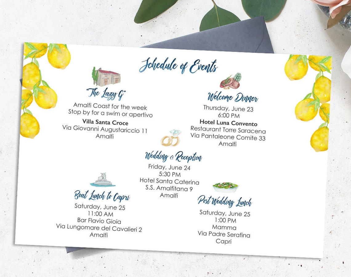 Custom Wedding Schedule- Wedding Itinerary Card- Wedding Events Card ...