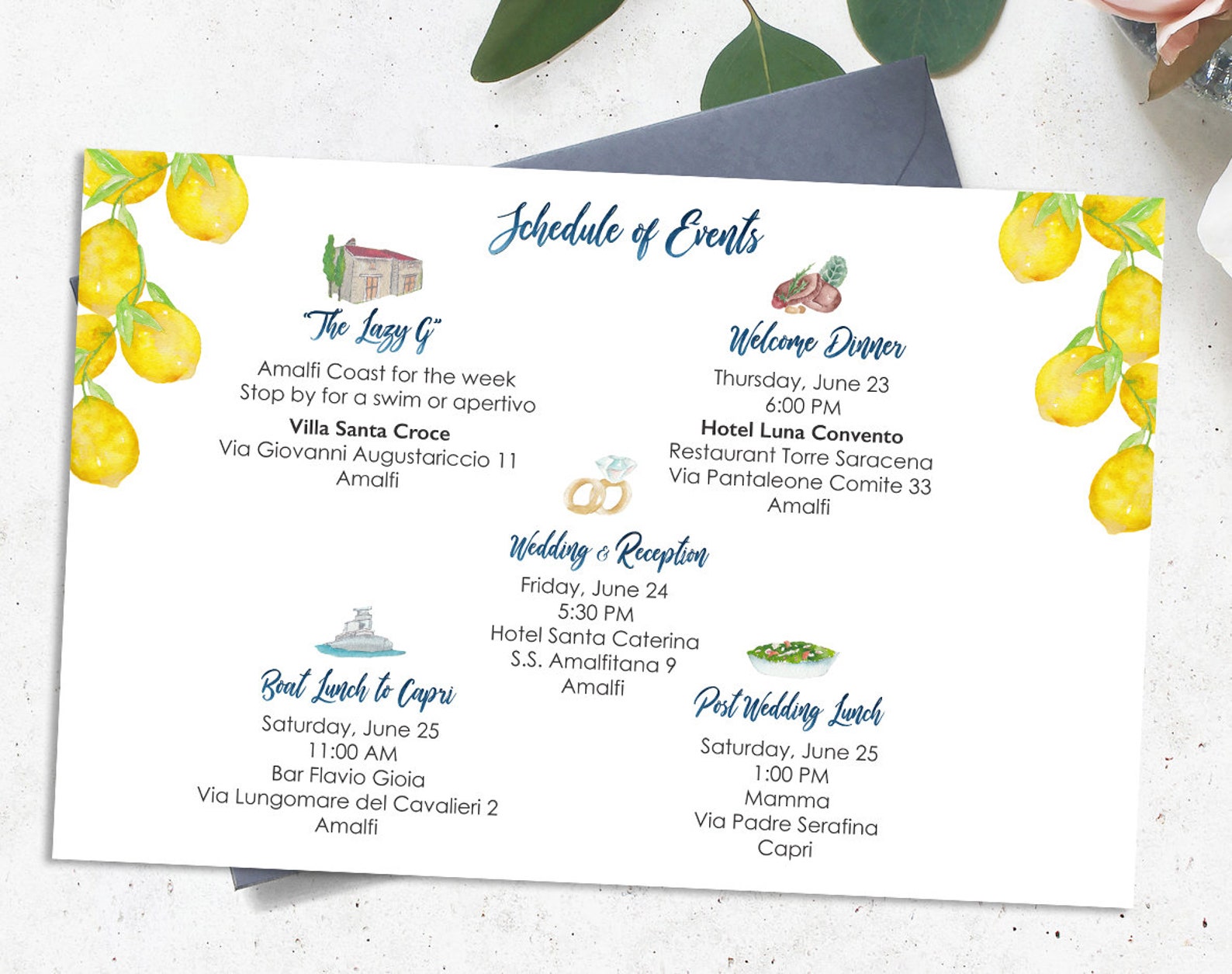 Custom Wedding Schedule- Wedding Itinerary Card- Wedding Events Card ...