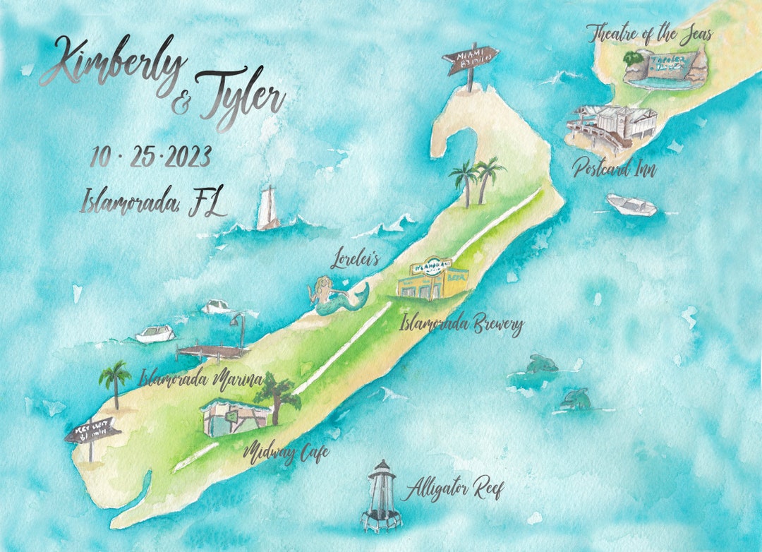 Islamorada Wedding Map- Custom Wedding Map- Watercolor Wedding Map ...
