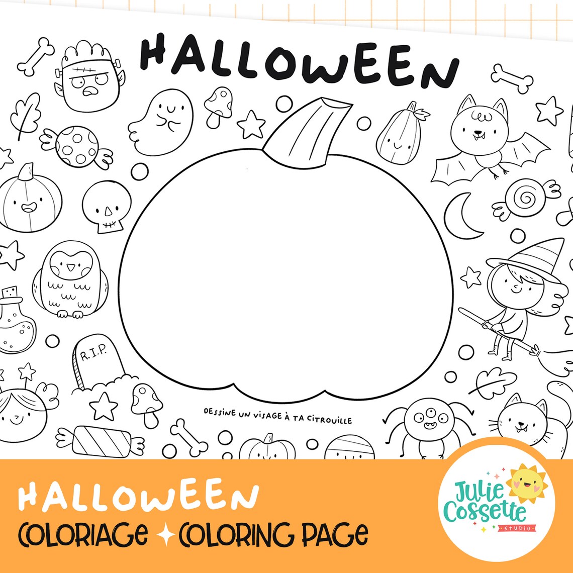 Halloween Coloring Page, Downloadable Kids Coloring, 11" X 8,5", Kawaii ...
