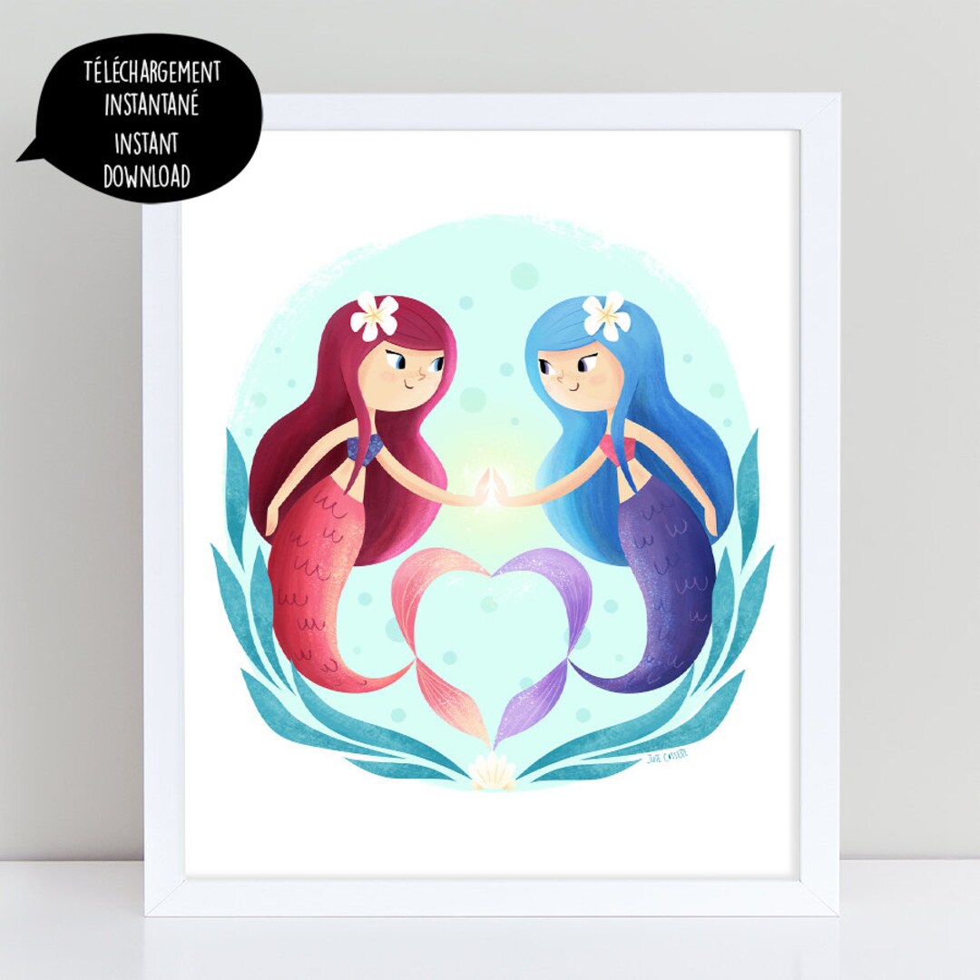 Twin Mermaids, Mermaid Art, Mermaid Printable, Wall Decor, Printable ...