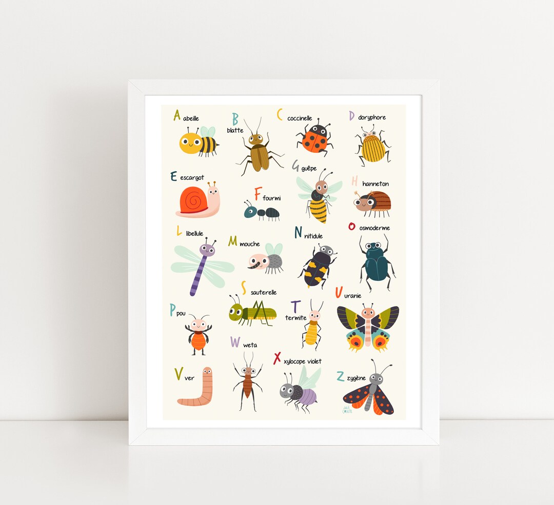 FRENCH Cute Bugs Alphabet, Insects Poster, Nursery Wall Art, Kids Room ...